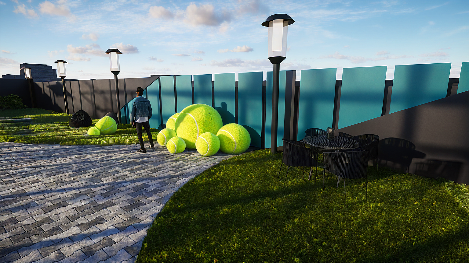 A digital rendering depicts an outdoor recreational area with a man st ...